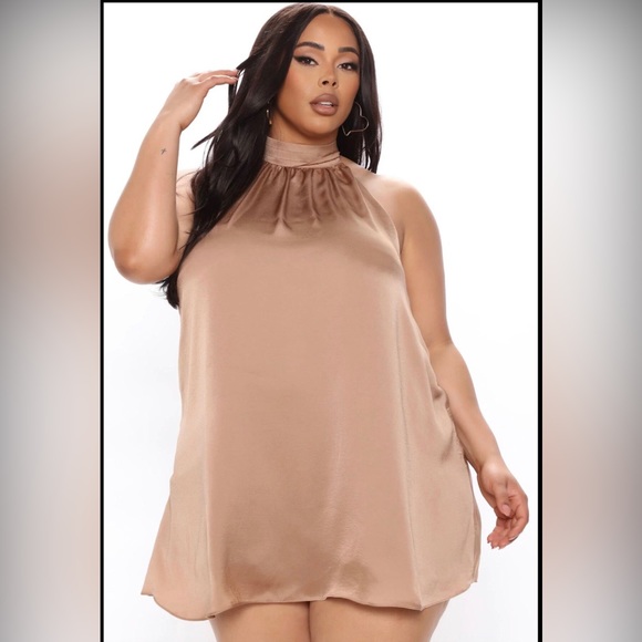 Fashion Nova | Dresses | Jenine Satin Like Mini Plus Size Halter Brown ...